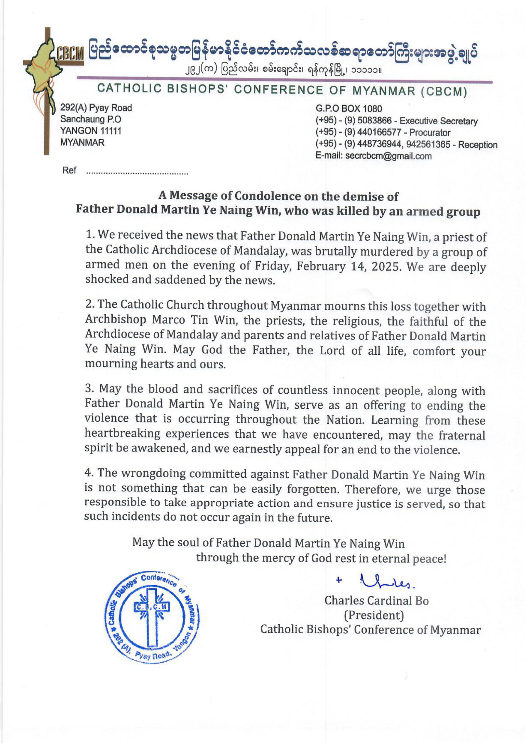 His Eminence Charles Cardinal Bo’s Message of Condolence on the Demise ...